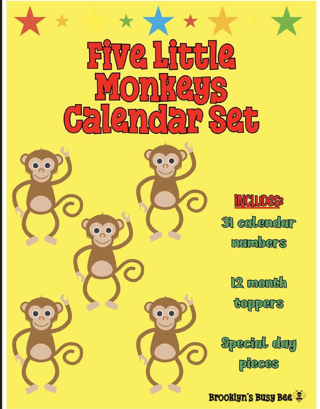 Five Little Monkey Calendar Set - Etsy