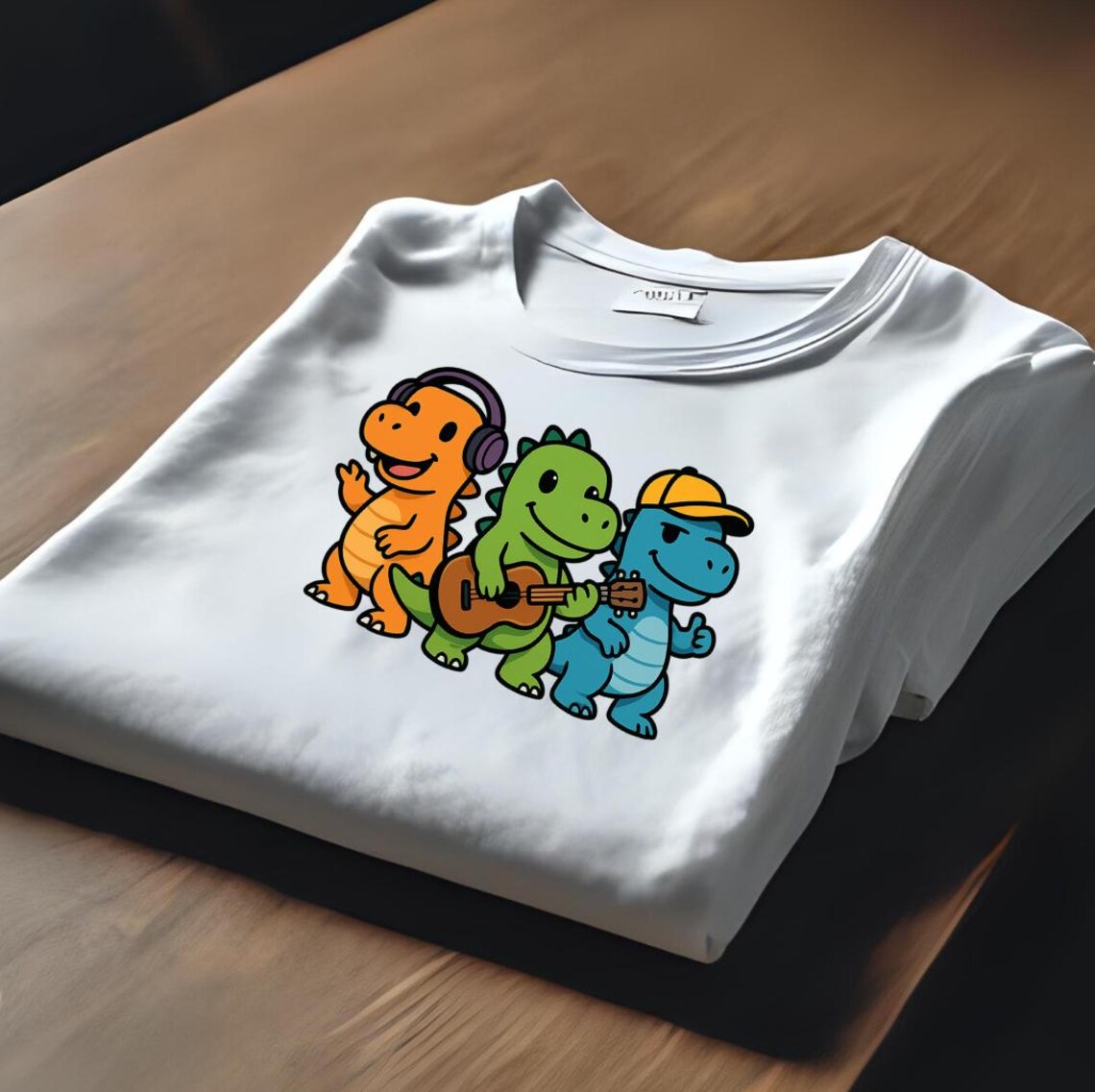 Dino Band PNG: Cartoon Dinosaurs With Headphones & Guitar - Kids Tee ...