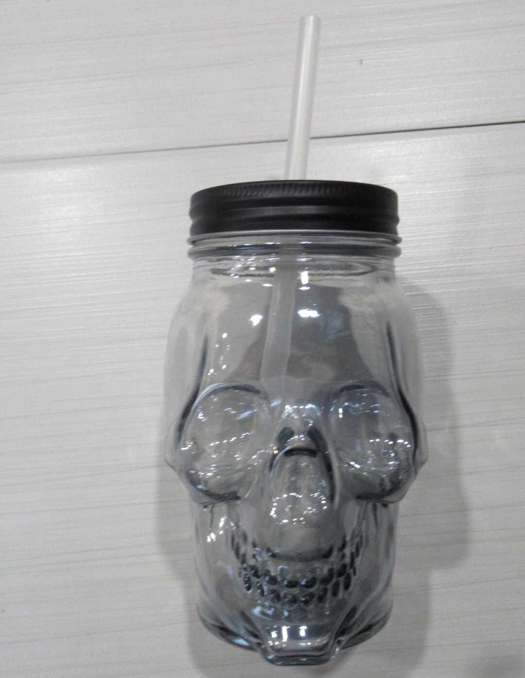 Skull Mug With Straw. Glass. Plastic Straw Metal Lid - Etsy