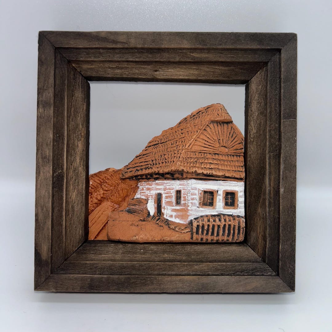 Vintage Folk Art 3D Clay Plaque Small 4.5" Rustic Cottage European ...