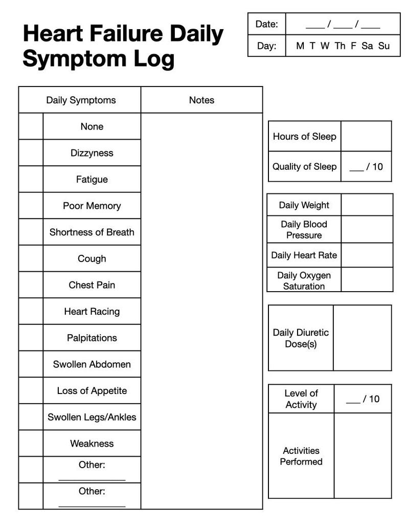 Heart Failure Daily Symptom Log | Printable PDF - Etsy