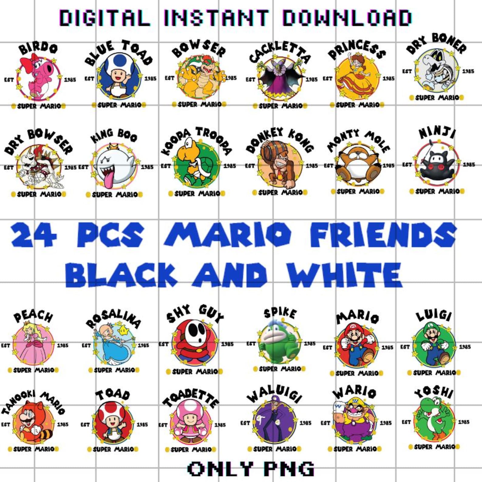 24 Pcs Mario Friends Est Png Bundle, Mario Bross Digital File , Super ...