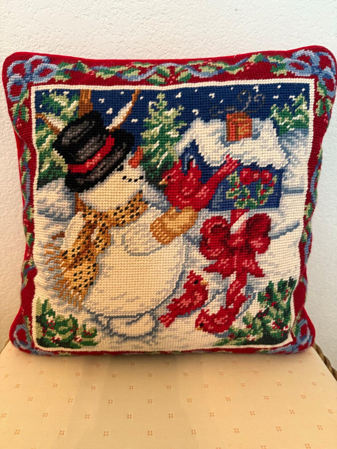 Handmade Needlepoint Christmas Pillow – Snowman & Cardinals – Winter ...