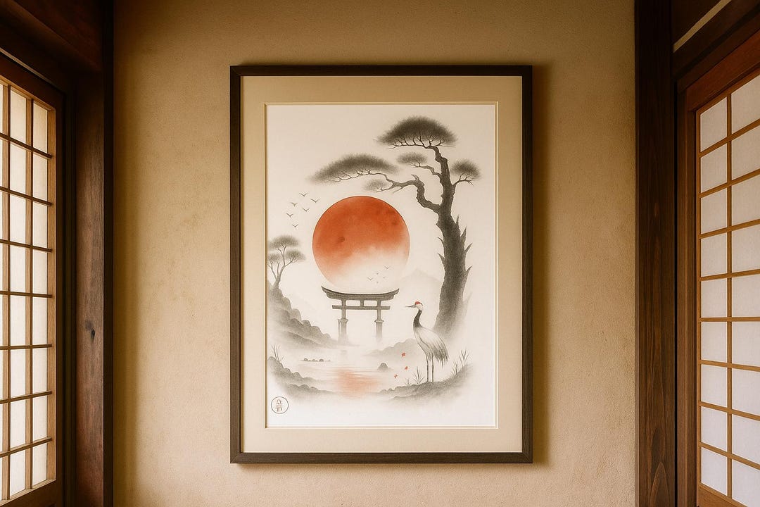 Japanese Torii Gate and Crane – Red Sun Wall Art – Physical Wall Art ...