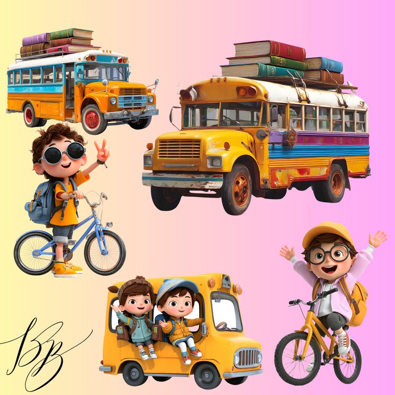 Back to School 10 Clipart Bundle | Cute Kids PNG | School Bus, Bike ...