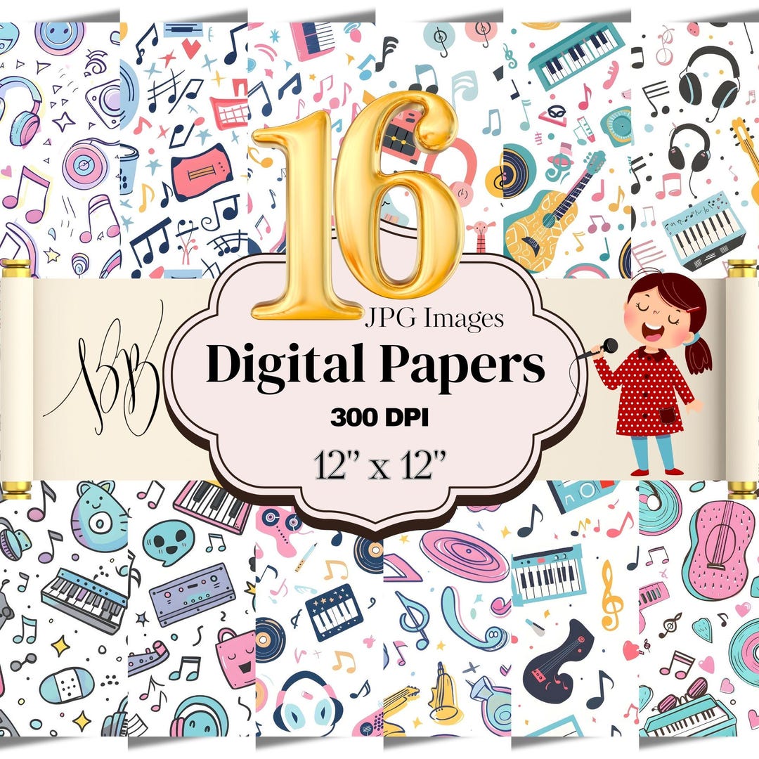 Music Digital Paper Pack: Seamless Musical Notes & Instruments (12x12 ...