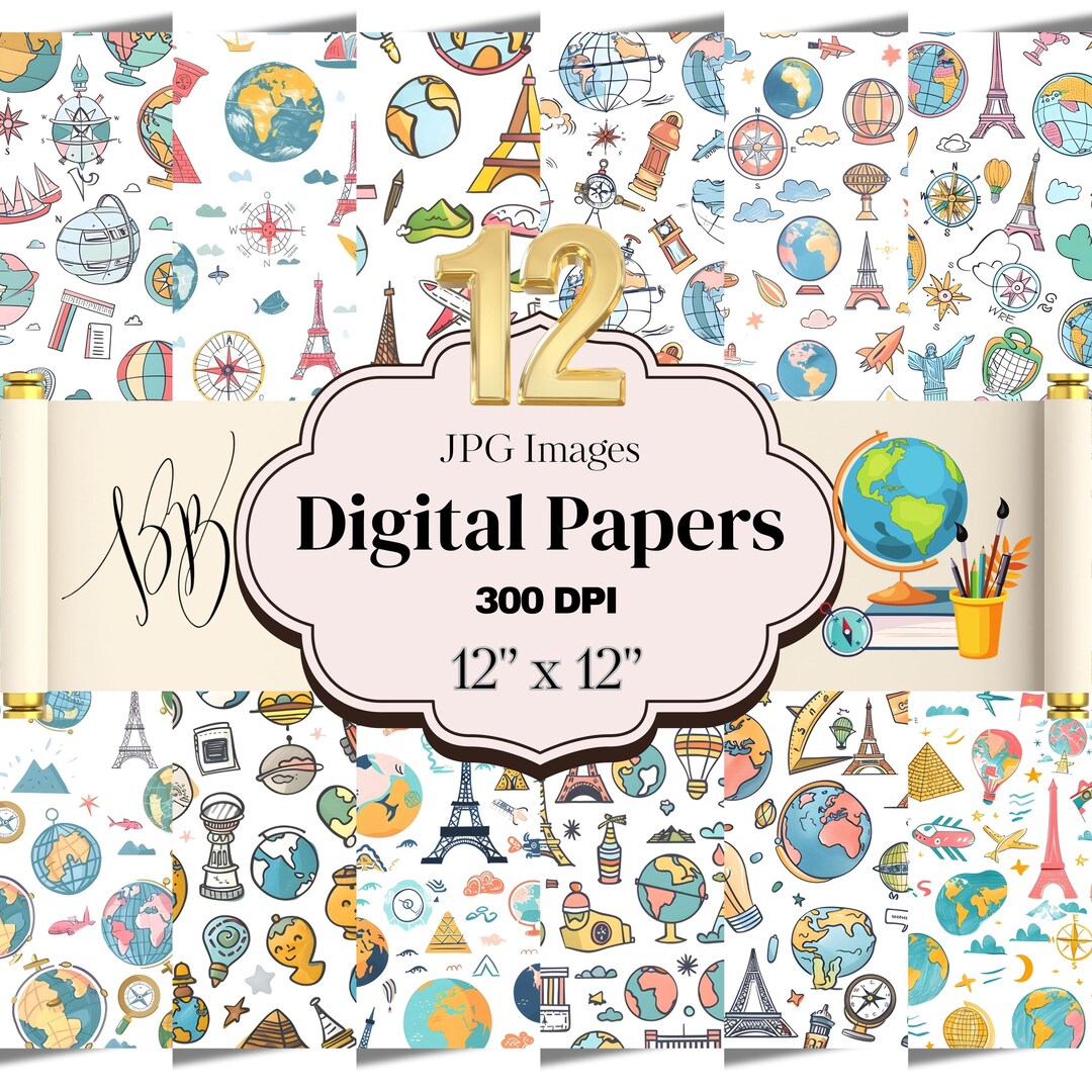 World Map Digital Paper Pack: Seamless Geography Patterns (12x12" JPG ...