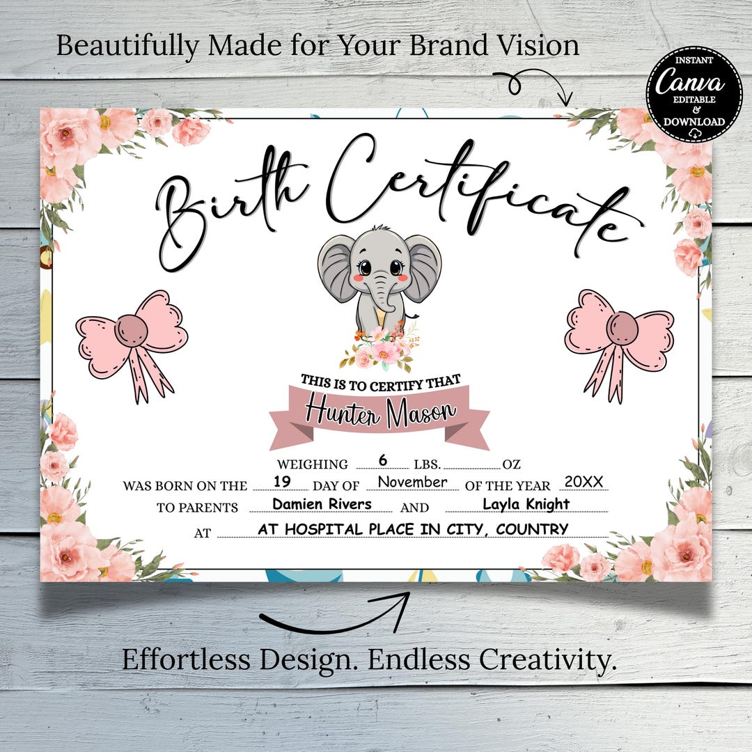 Editable Birth Certificate Template – Cute Elephant Design, Floral ...