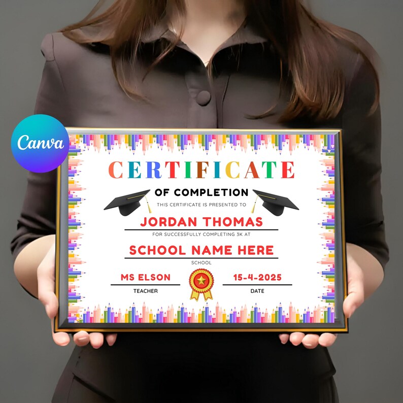 Editable Certificate of Completion Canva Template – Printable School ...