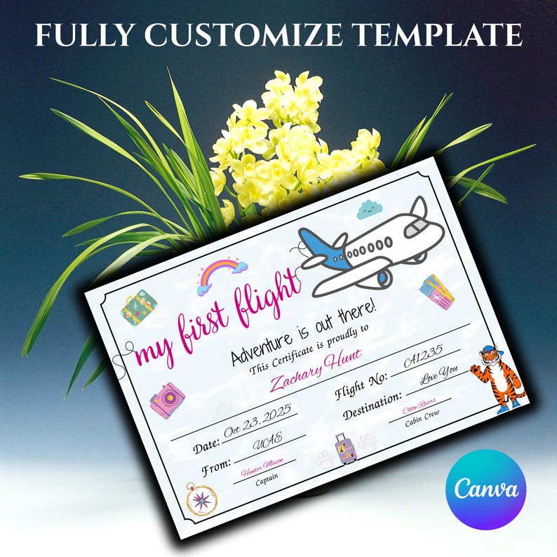 My First Flight Certificate Canva Template, Editable Airplane Travel ...