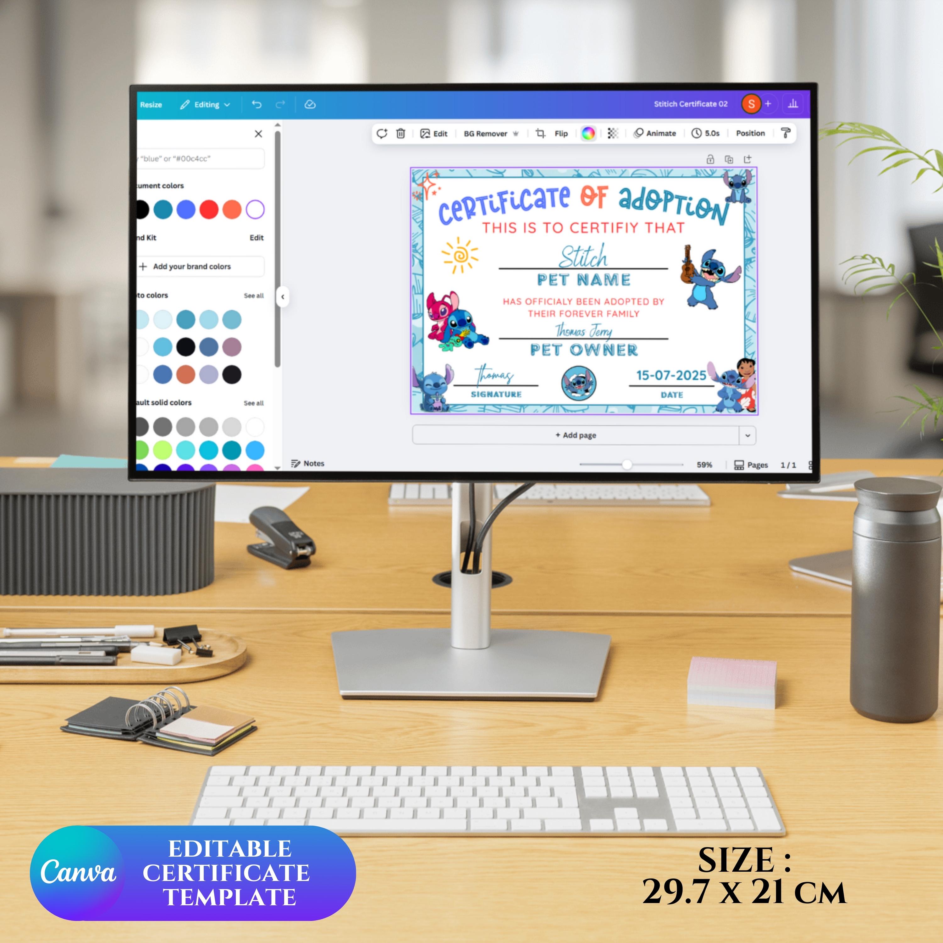 Stitch Adoption Certificate Template: Editable Kids Keepsake (digital ...