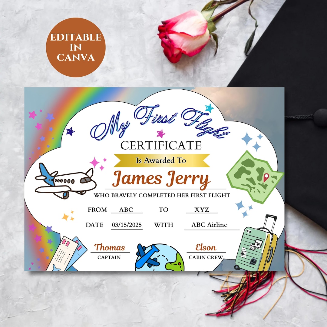 Editable First Flight Certificate Template: Kids Travel Keepsake (canva ...