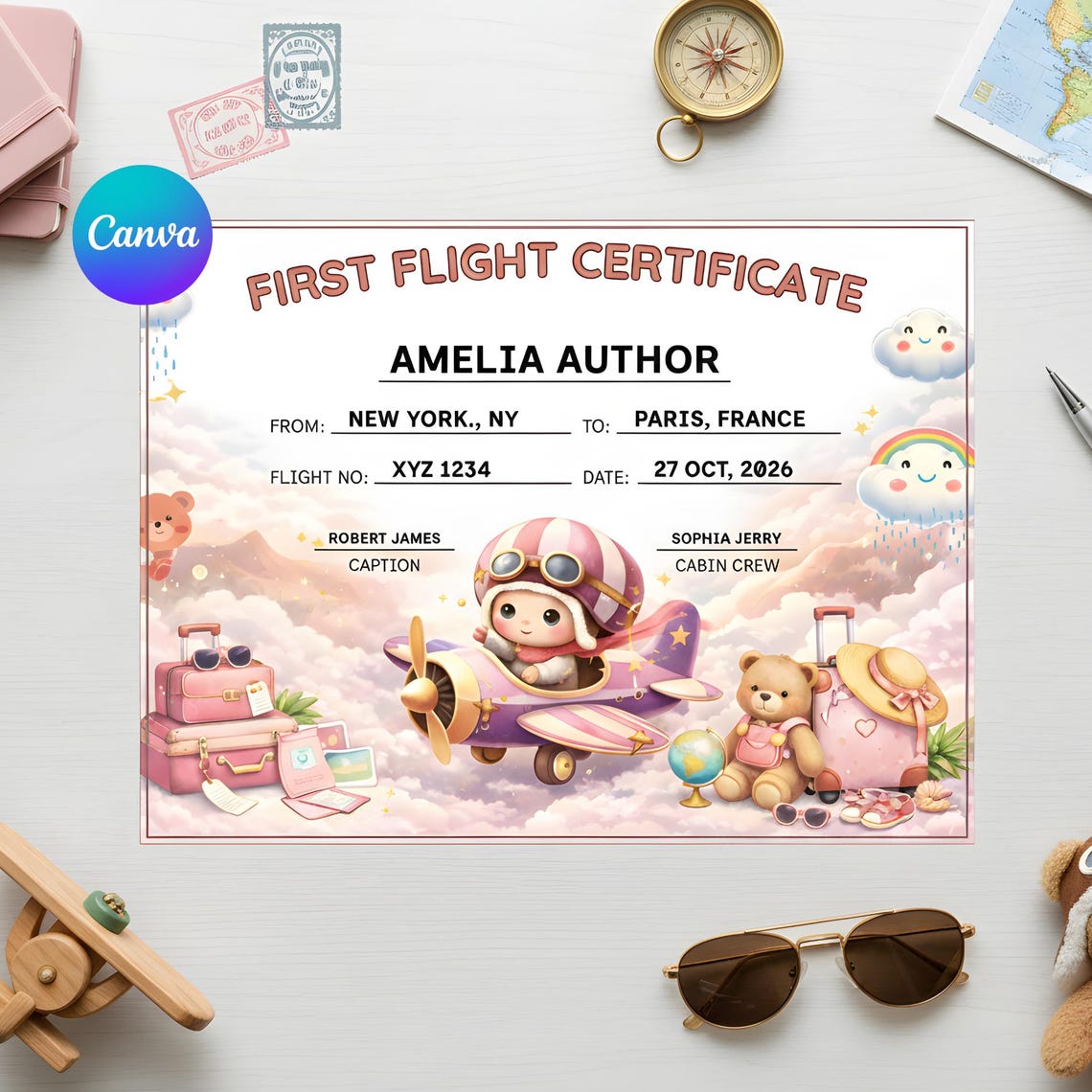 Editable First Flight Certificate Template Canva, Baby Toddler Travel ...