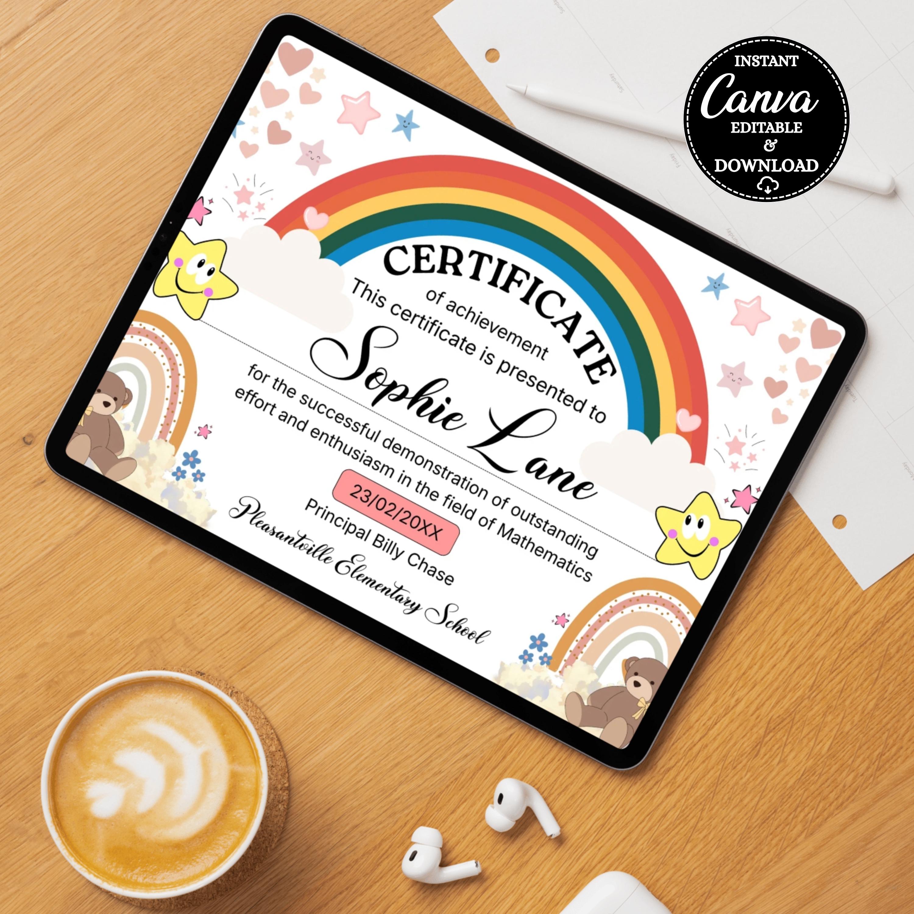 Editable Rainbow Certificate Template, Kids Achievement Award ...