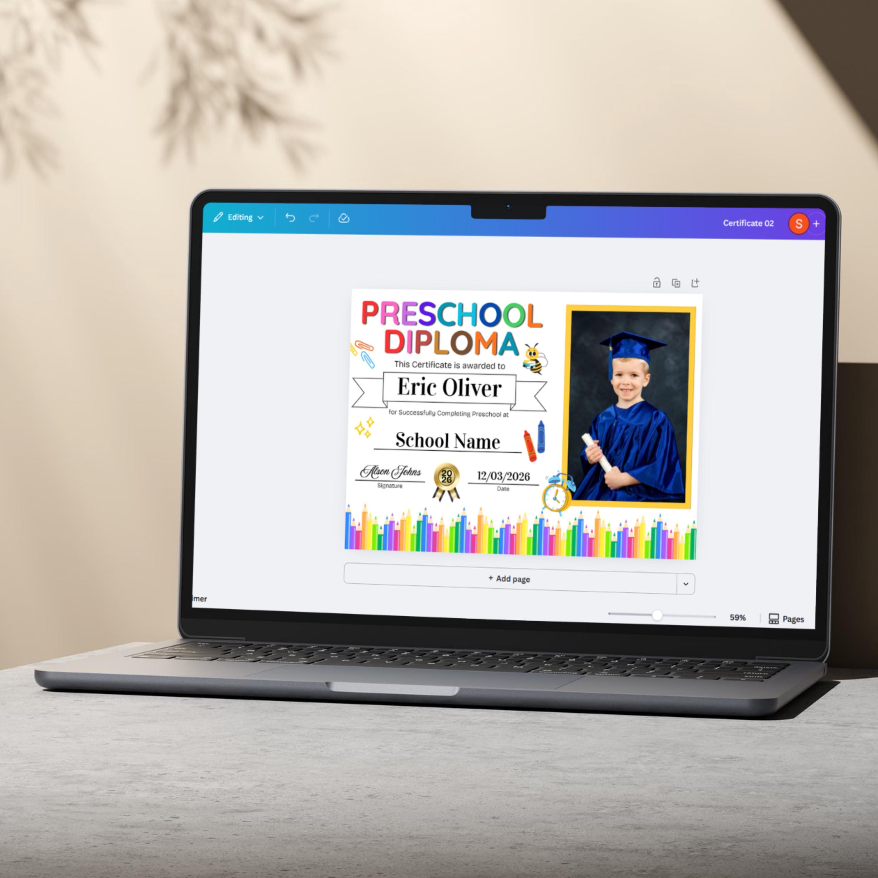 Editable Preschool Diploma Template, Photo Graduation Certificate ...