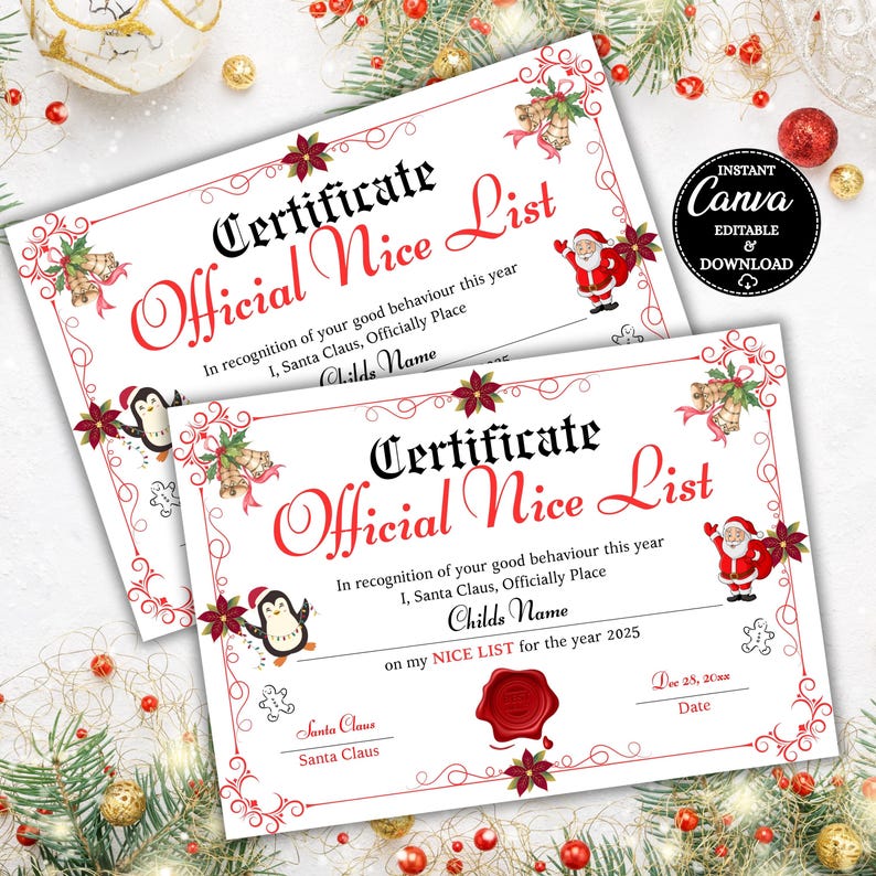 Editable Nice List Certificate Template, Santa Christmas Award ...