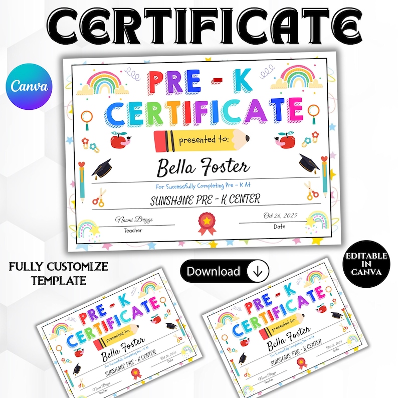 Editable Pre-k Certificate Template , Preschool Graduation Award ...