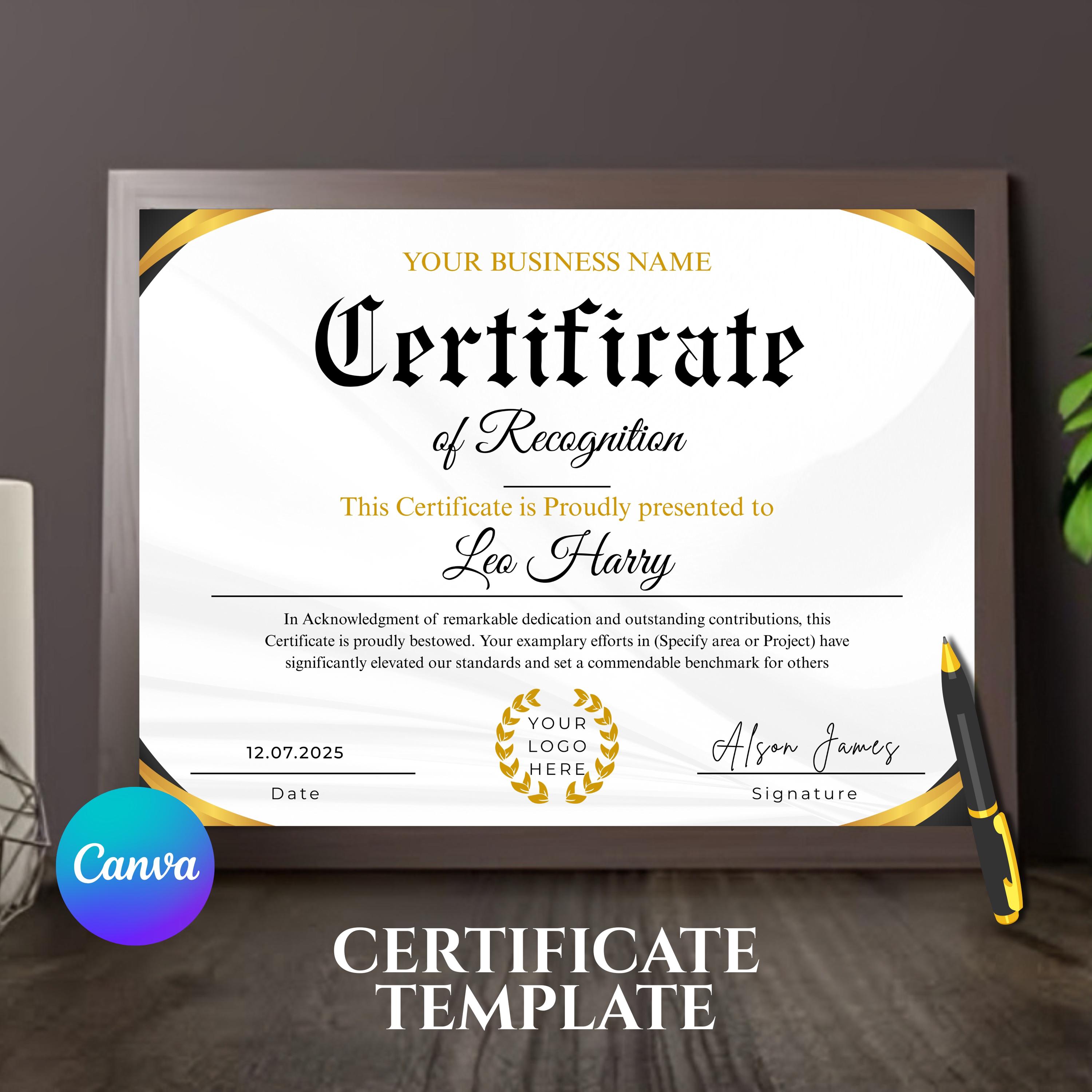 Editable Recognition Certificate Template – Printable Elegant ...