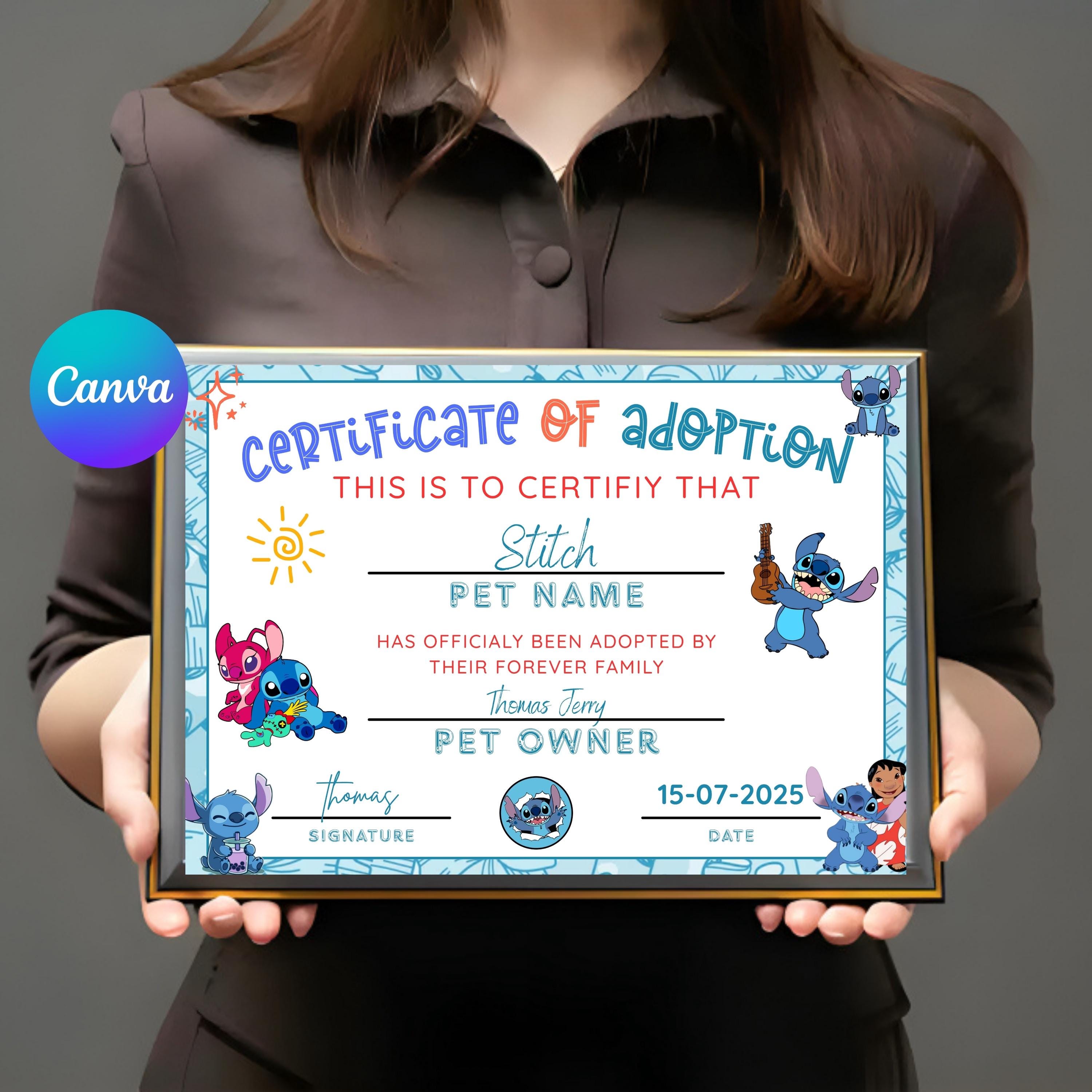 Stitch Adoption Certificate Template: Editable Kids Keepsake (digital ...