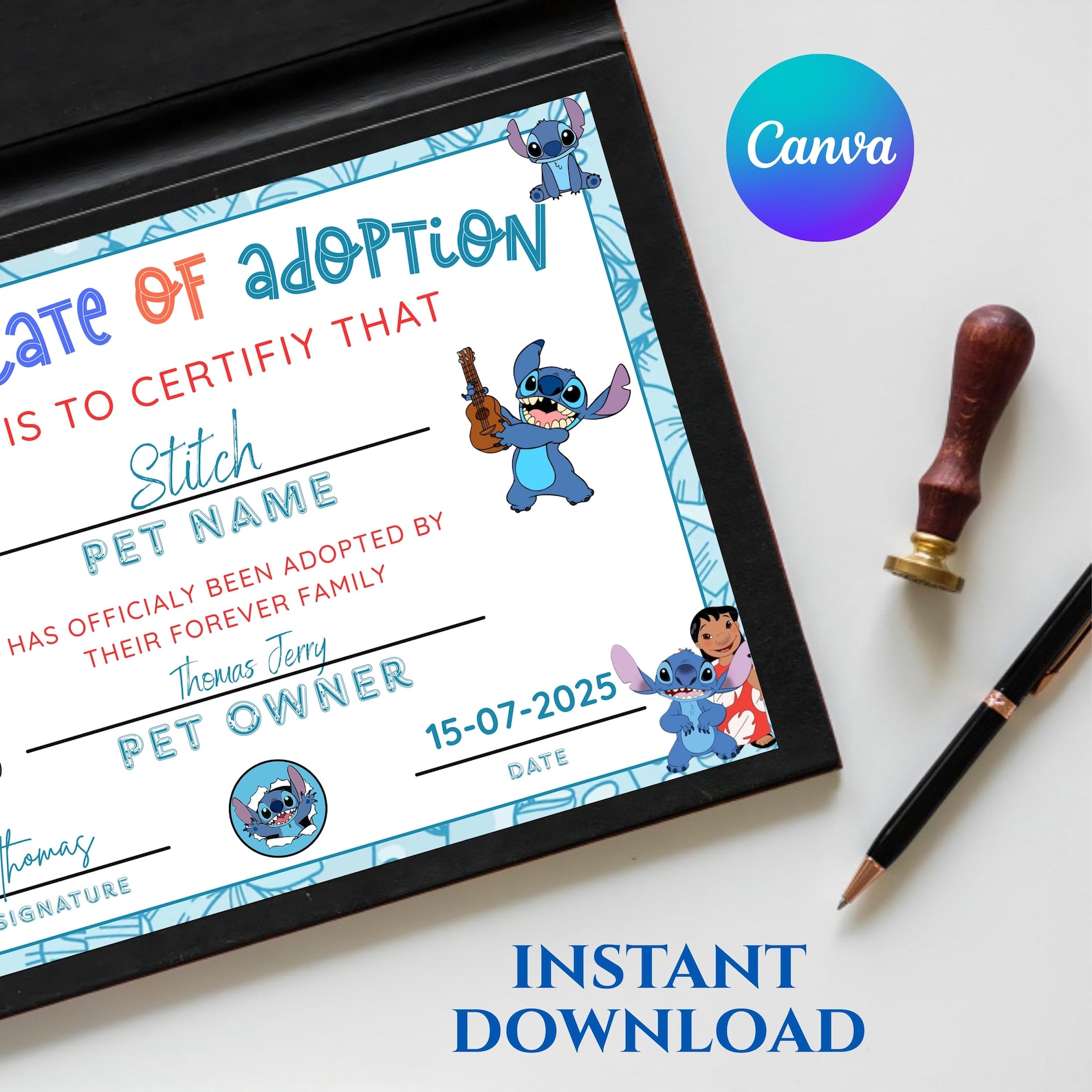 Stitch Adoption Certificate Template: Editable Kids Keepsake (digital ...