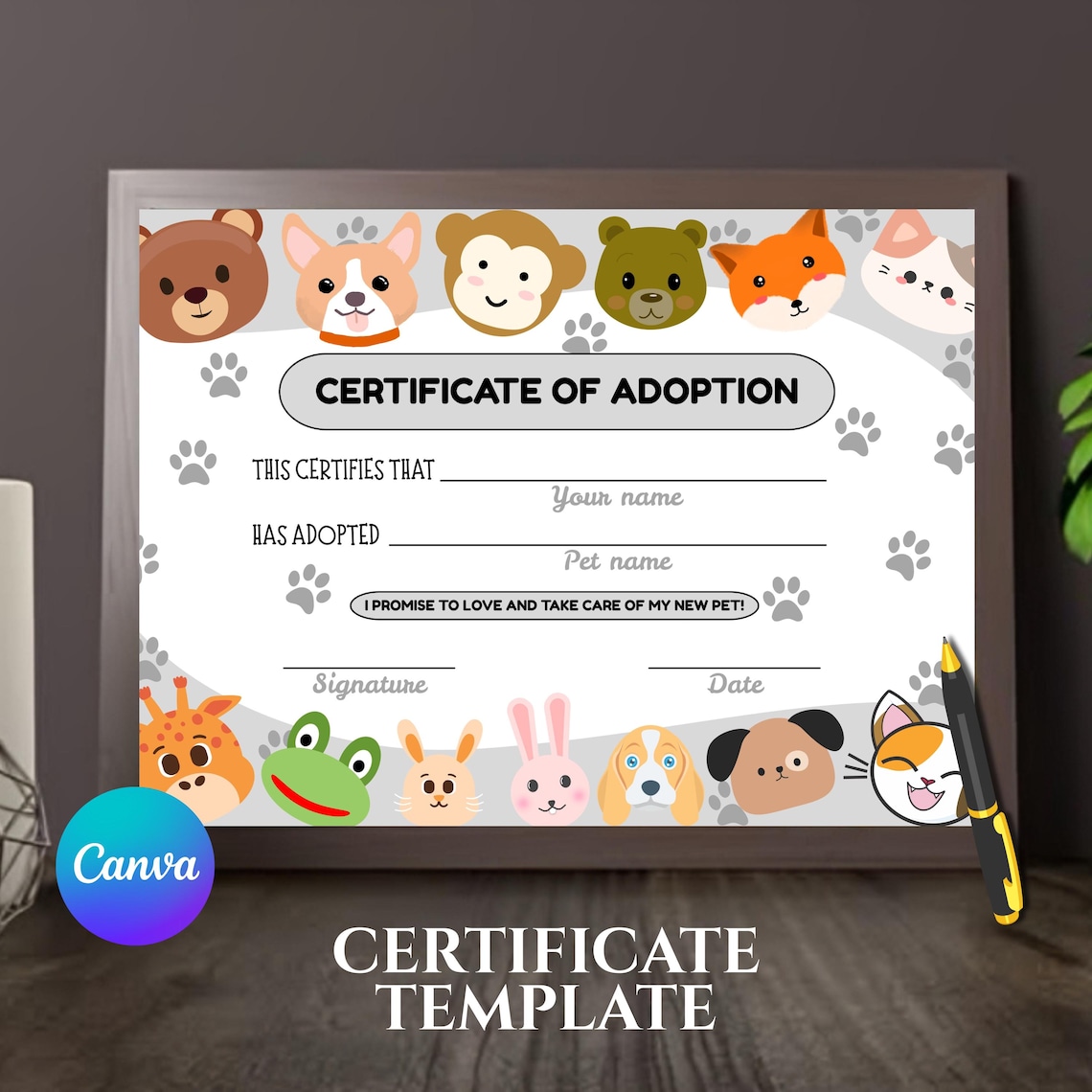 Editable Pet Adoption Certificate Template – Printable Dog & Cat ...