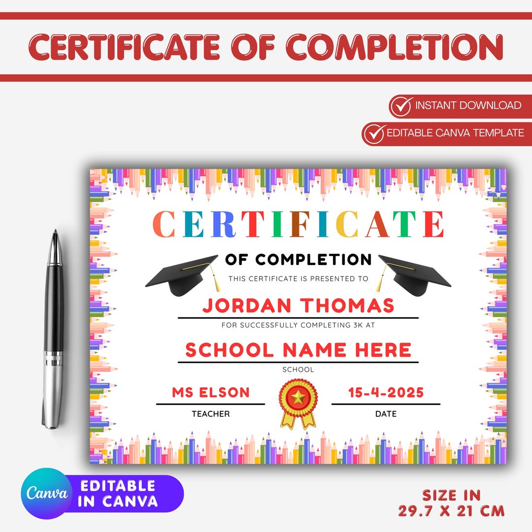 Editable Certificate of Completion Canva Template – Printable School ...