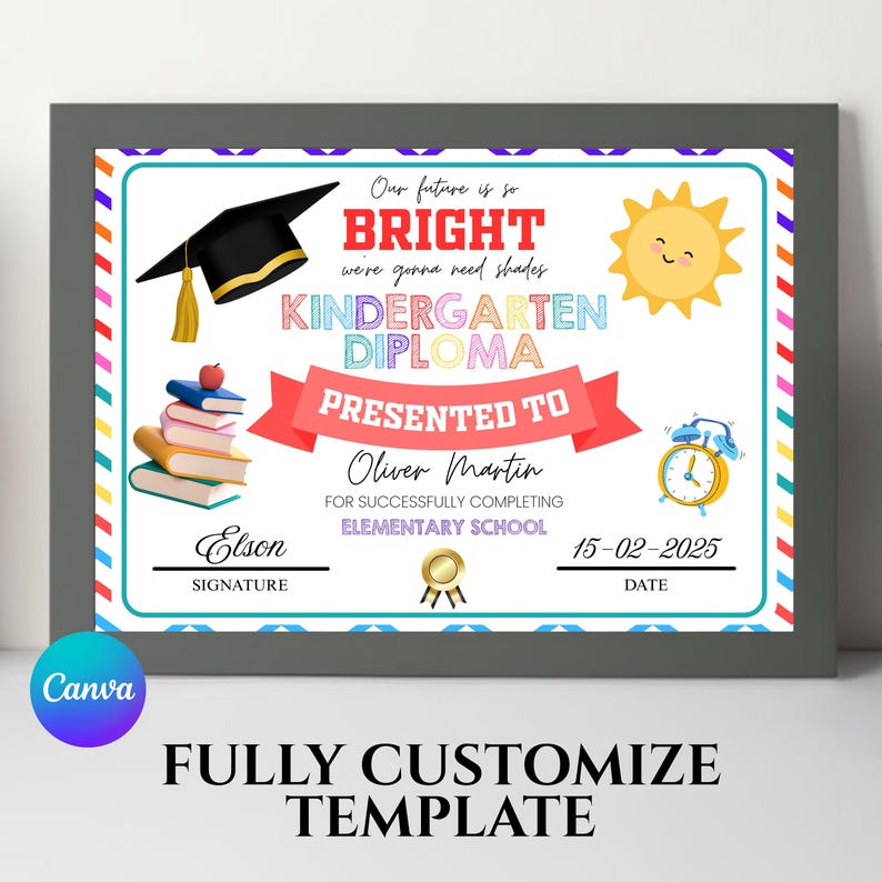 Kindergarten Diploma Certificate , Editable Canva Template, Printable ...