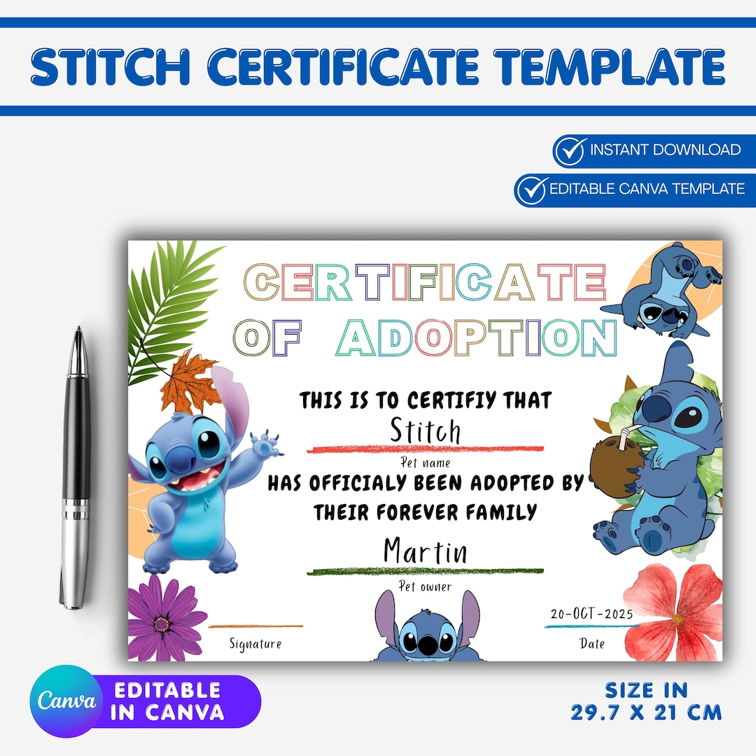 Editable Stitch Adoption Certificate: Minimalist Pet Keepsake ( Digital ...