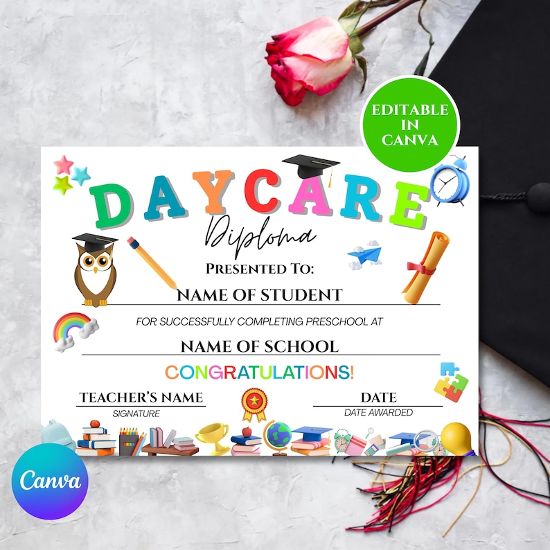 Editable Daycare Graduation Certificate Template: Printable Diploma ...