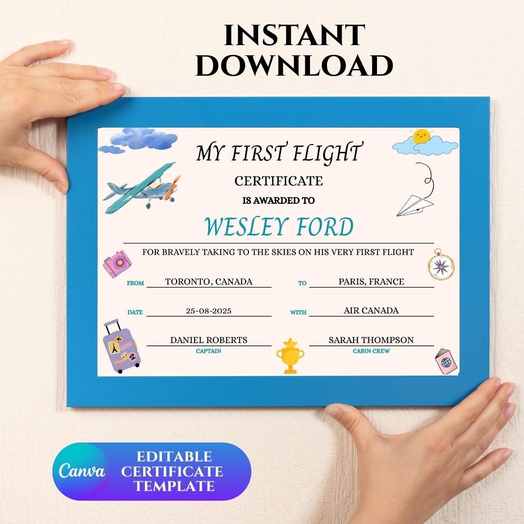 My First Flight Certificate, Canva Editable Toddler Travel Milestone ...