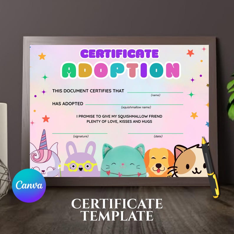 Editable Canva Adoption Certificate Template, Cute Squishmallow ...