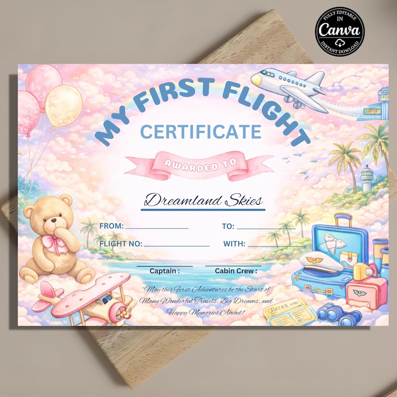 First Flight Certificate for Kids Editable Canva Template Airplane ...
