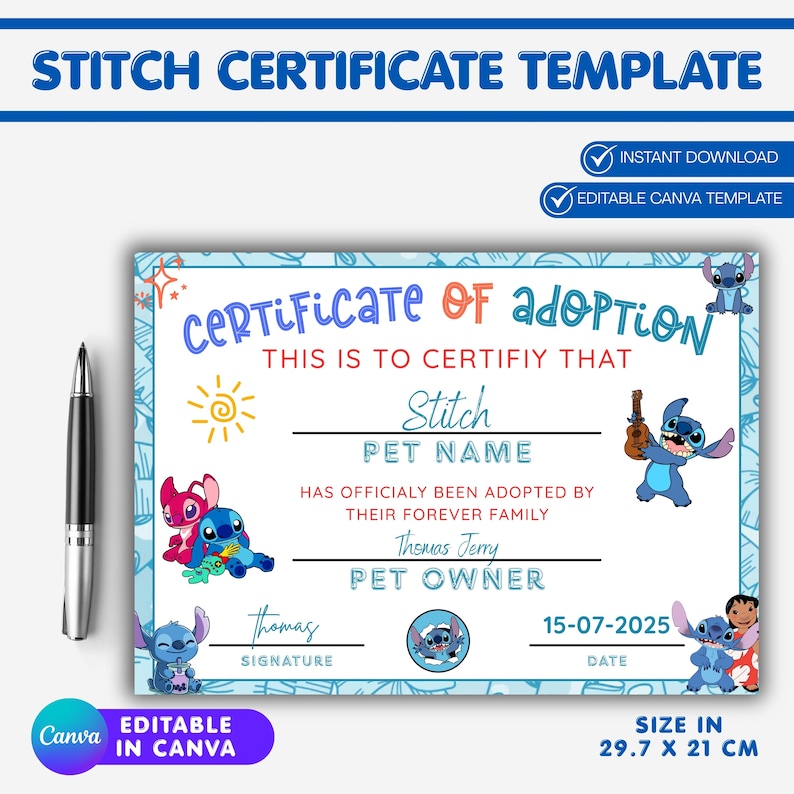 Stitch Adoption Certificate Template: Editable Kids Keepsake (digital ...