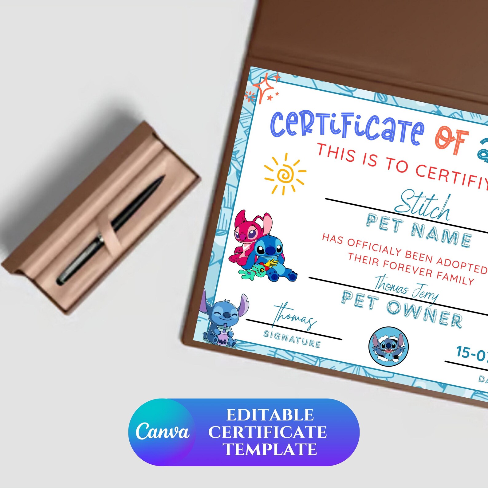 Stitch Adoption Certificate Template: Editable Kids Keepsake (digital ...