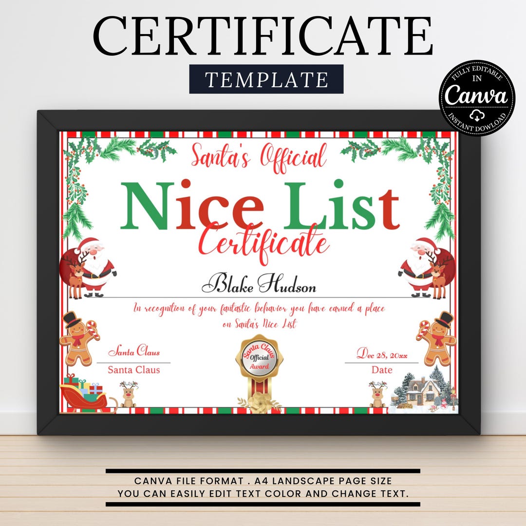 EDITABLE Nice List Certificate Template, Printable Santa Claus Official ...
