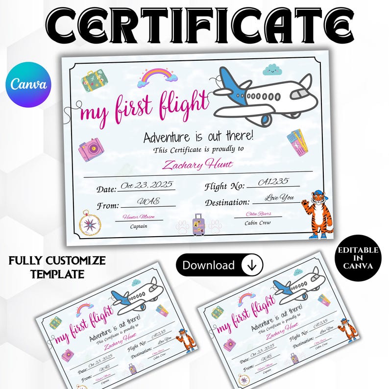 My First Flight Certificate Canva Template, Editable Airplane Travel ...
