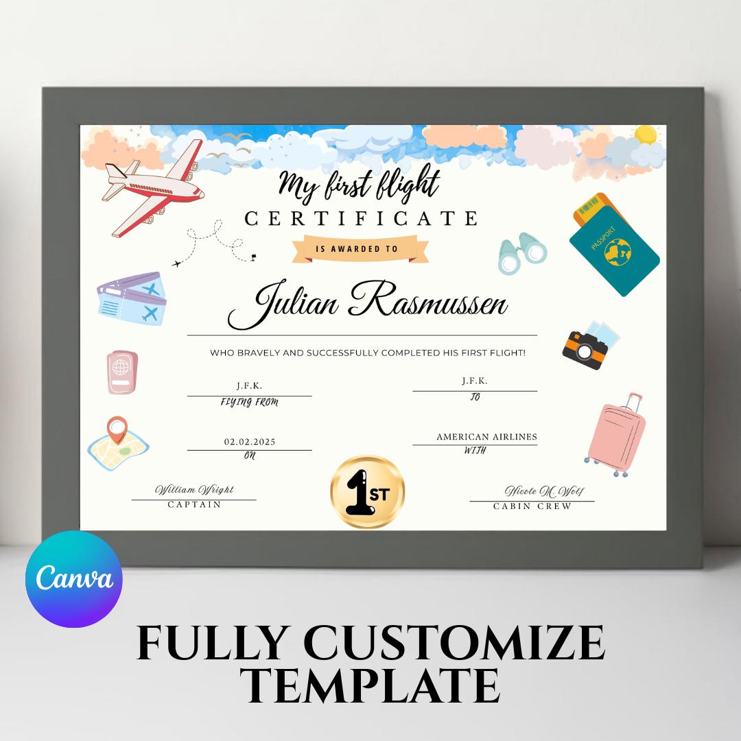 First Flight Certificate Keepsake: Editable Canva Travel Award (digital ...