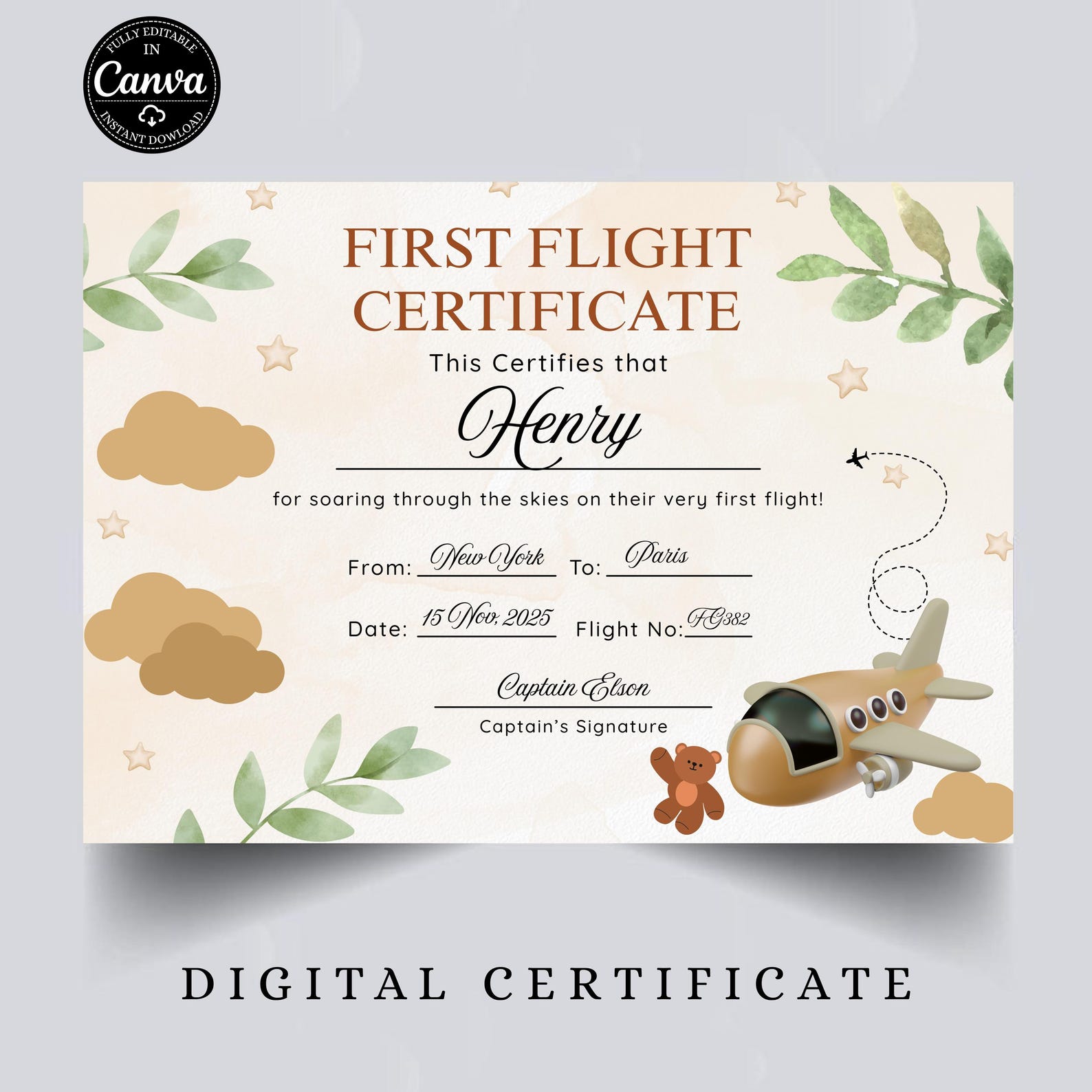 First Flight Certificate Template – Editable Kids Travel Milestone ...