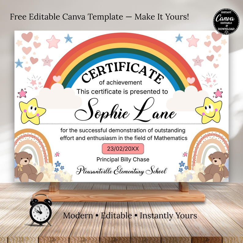 Editable Rainbow Certificate Template, Kids Achievement Award ...
