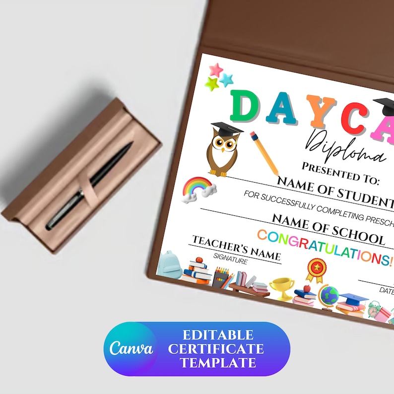Editable Daycare Graduation Certificate Template: Printable Diploma ...