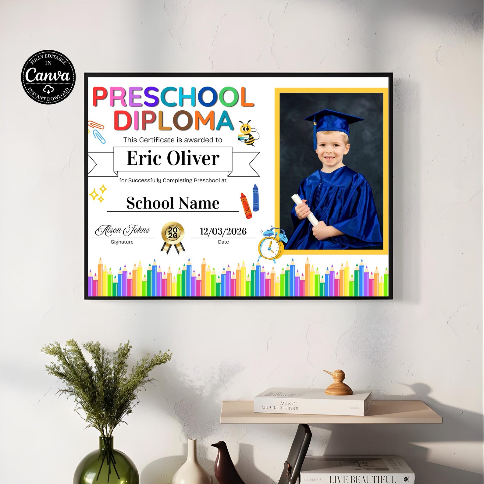 Editable Preschool Diploma Template, Photo Graduation Certificate ...