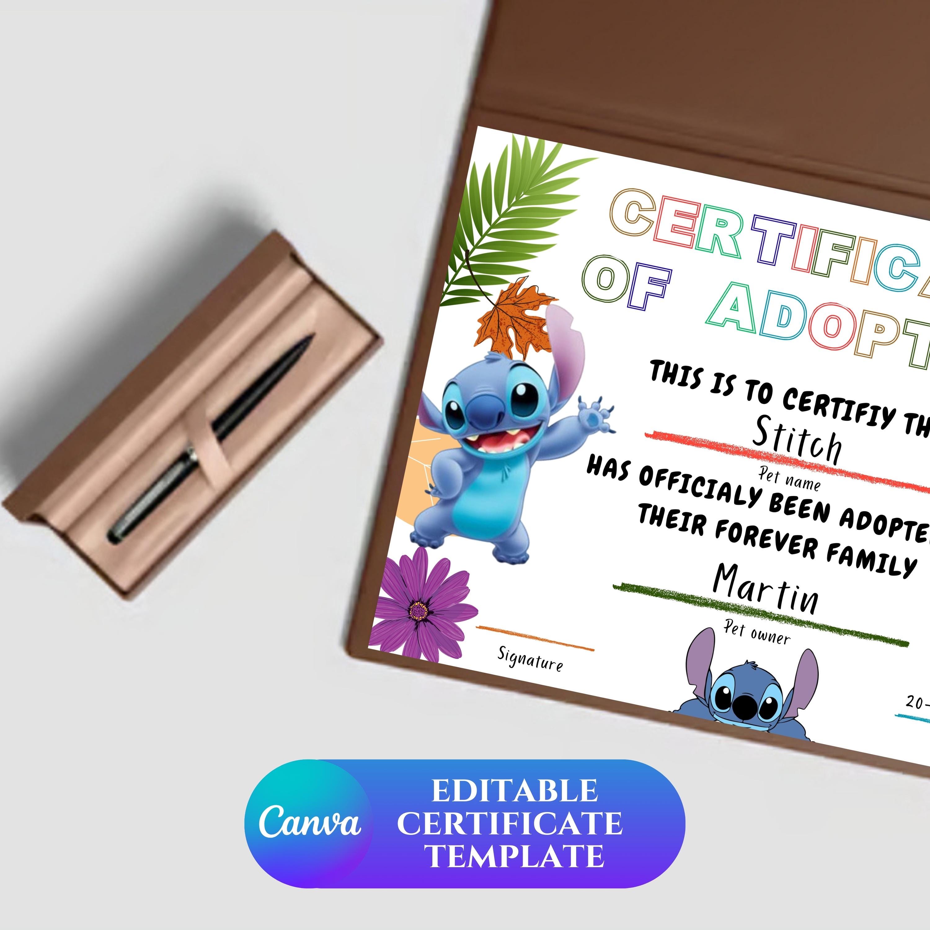 Editable Stitch Adoption Certificate: Minimalist Pet Keepsake ( Digital ...