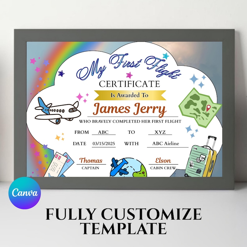 Editable First Flight Certificate Template: Kids Travel Keepsake (canva ...