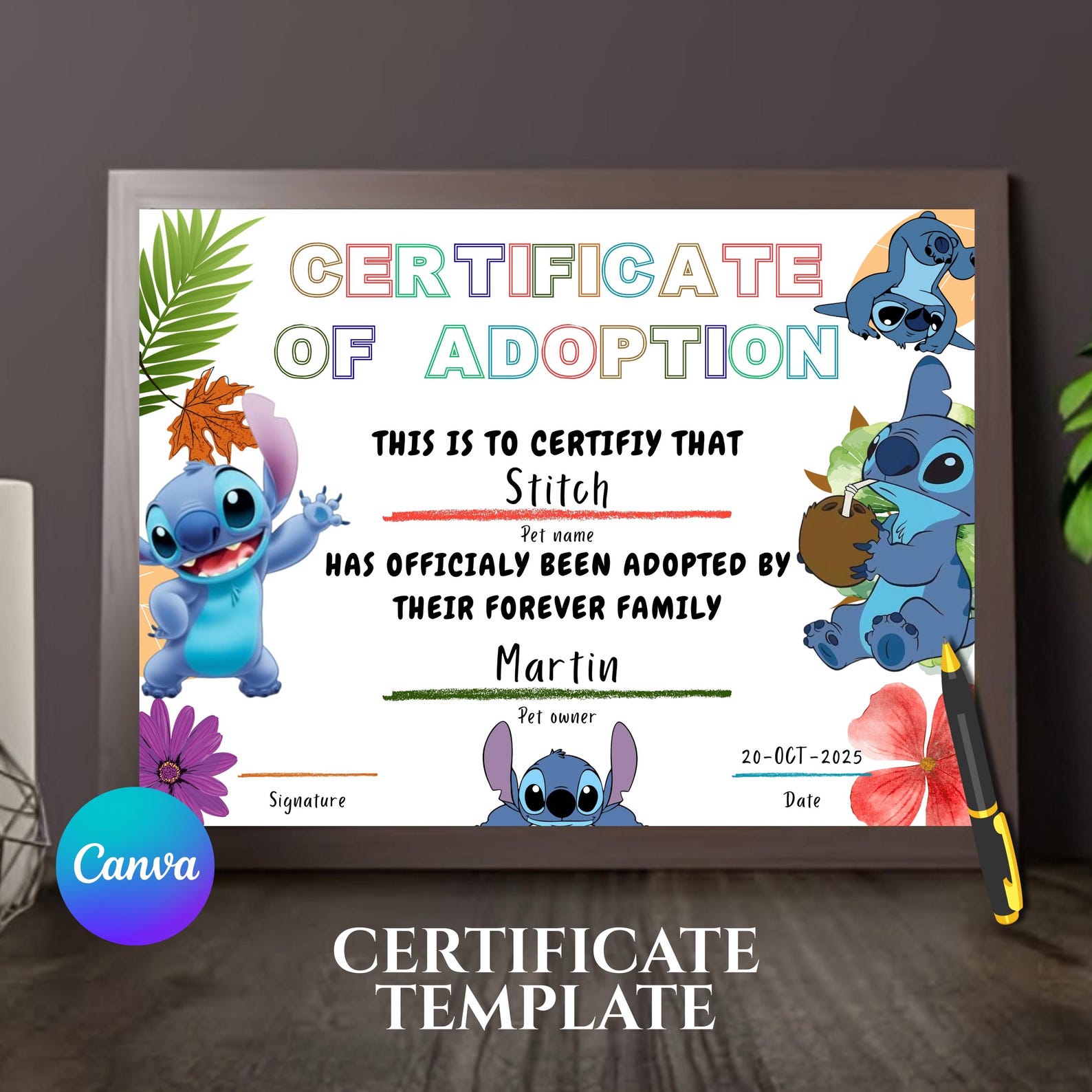 Editable Stitch Adoption Certificate: Minimalist Pet Keepsake ( Digital ...