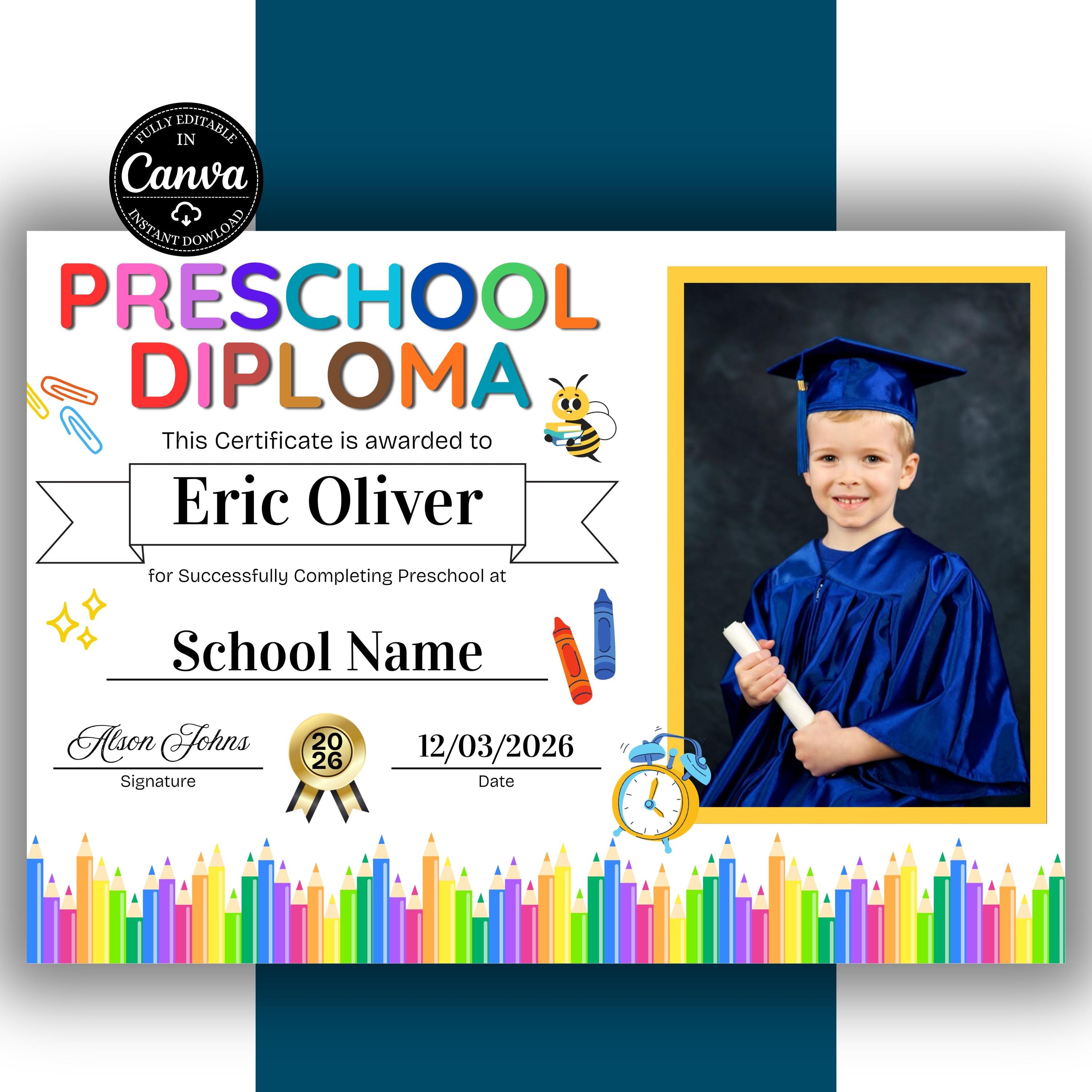 Editable Preschool Diploma Template, Photo Graduation Certificate ...