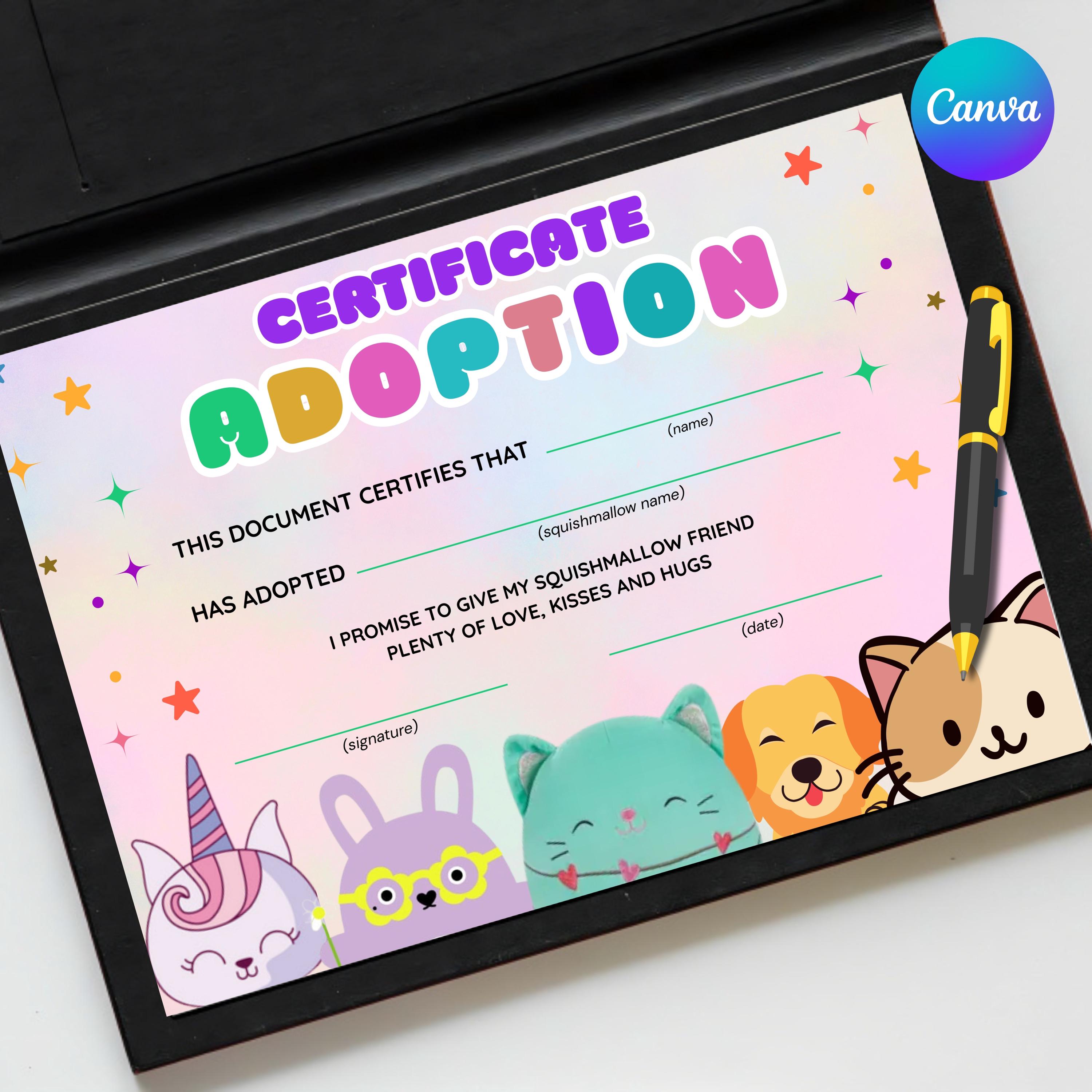 Editable Squishmallow Adoption Certificate Template: Printable Keepsake ...