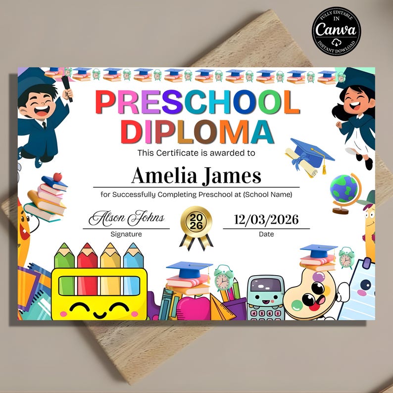 Preschool Graduation Certificate Template, Printable Kids Diploma Award ...