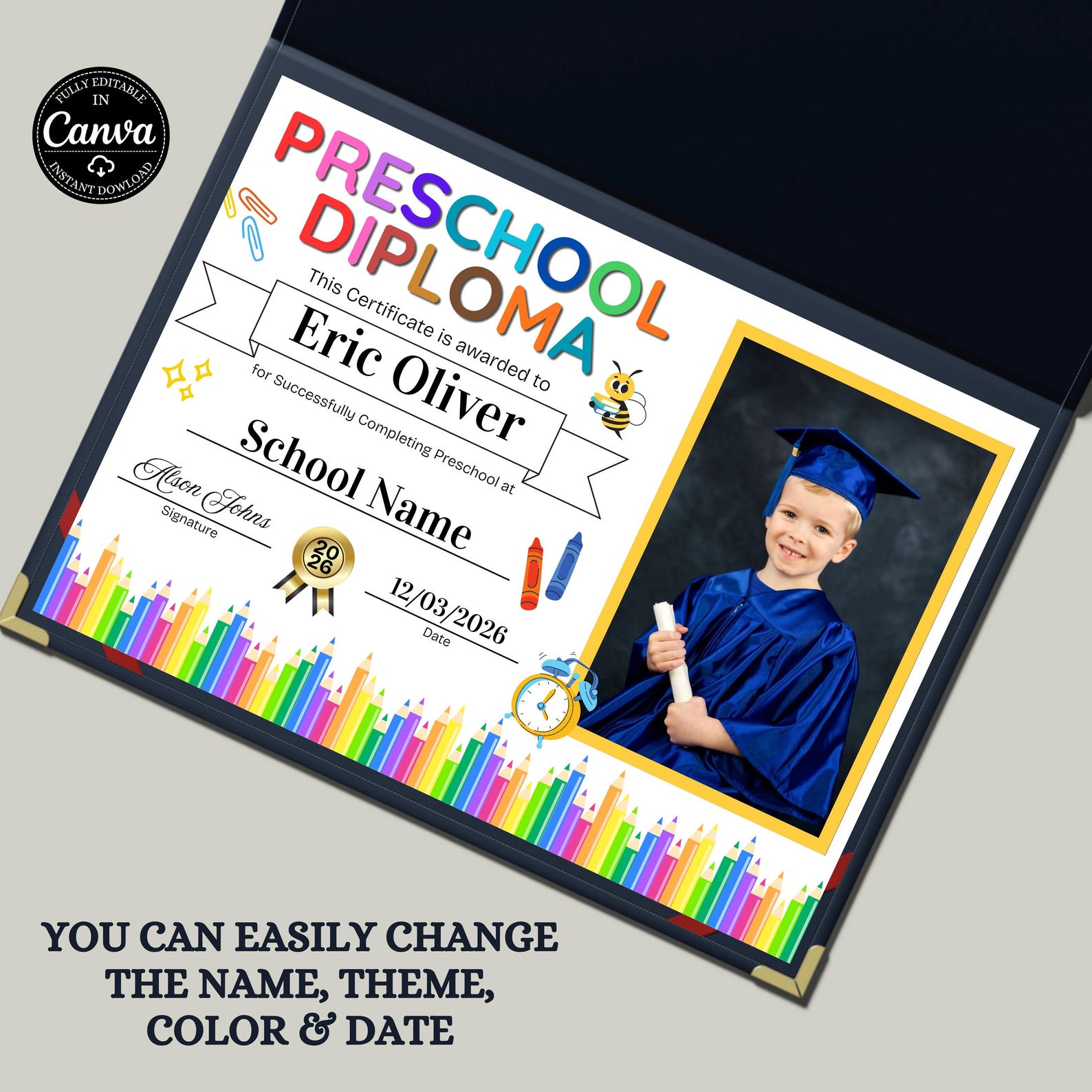 Editable Preschool Diploma Template, Photo Graduation Certificate ...
