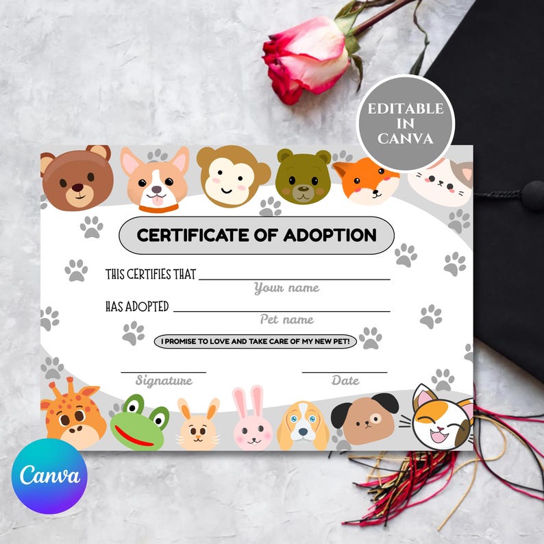Editable Pet Adoption Certificate Template – Printable Dog & Cat ...