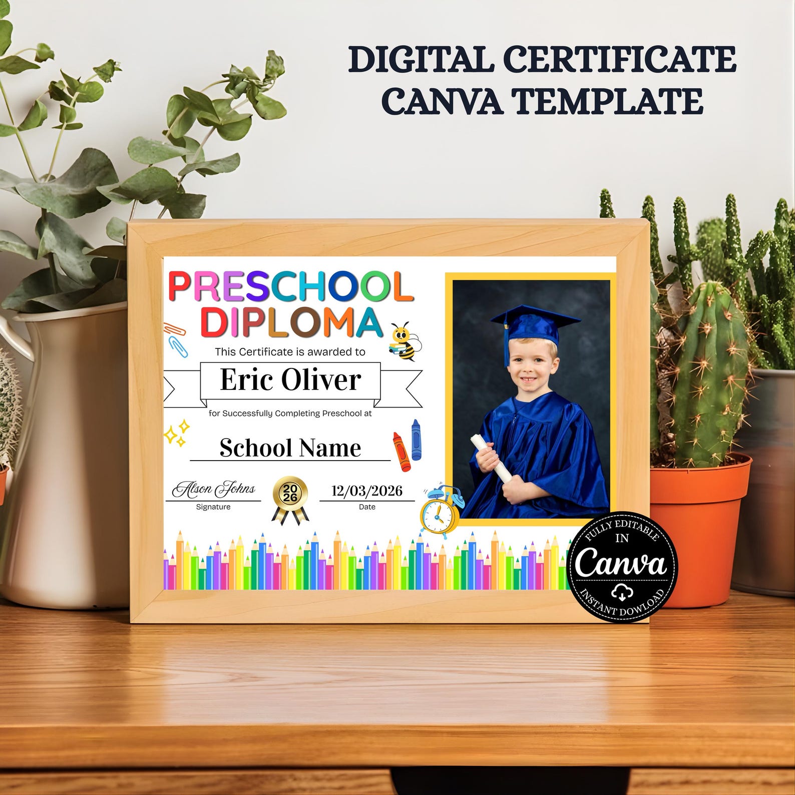 Editable Preschool Diploma Template, Photo Graduation Certificate ...